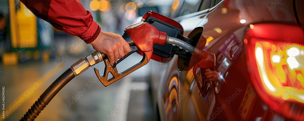 Person refueling a car at a gas station, with the fuel pump in view ...