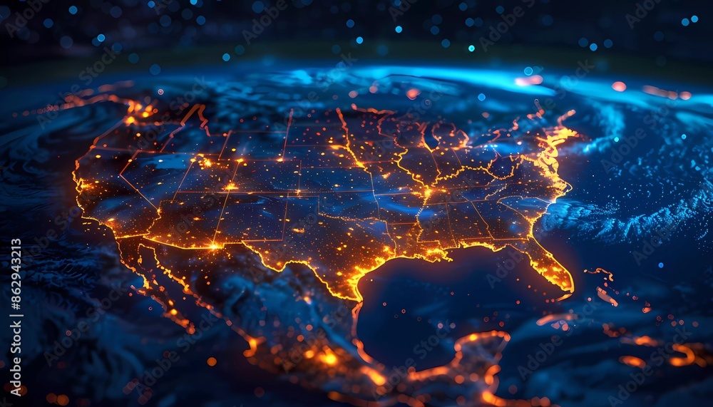 Digital Constellation, North America with constellations of glowing ...