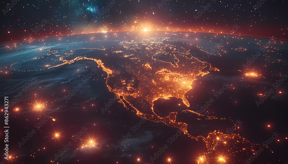 Digital Constellation, North America with constellations of glowing ...