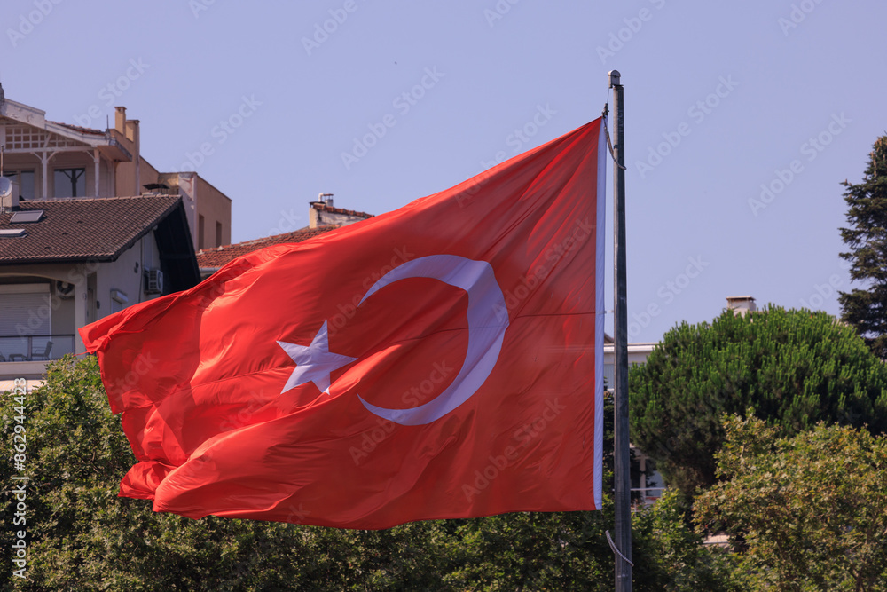 Turkish flag, on a red background white star and moon. Turkish flag ...