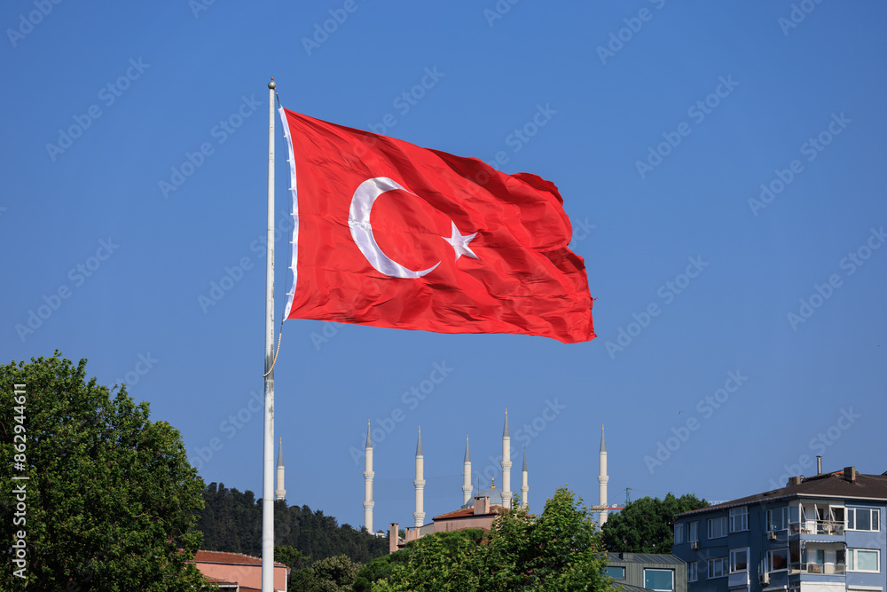 Turkish flag, on a red background white star and moon. Turkish flag ...