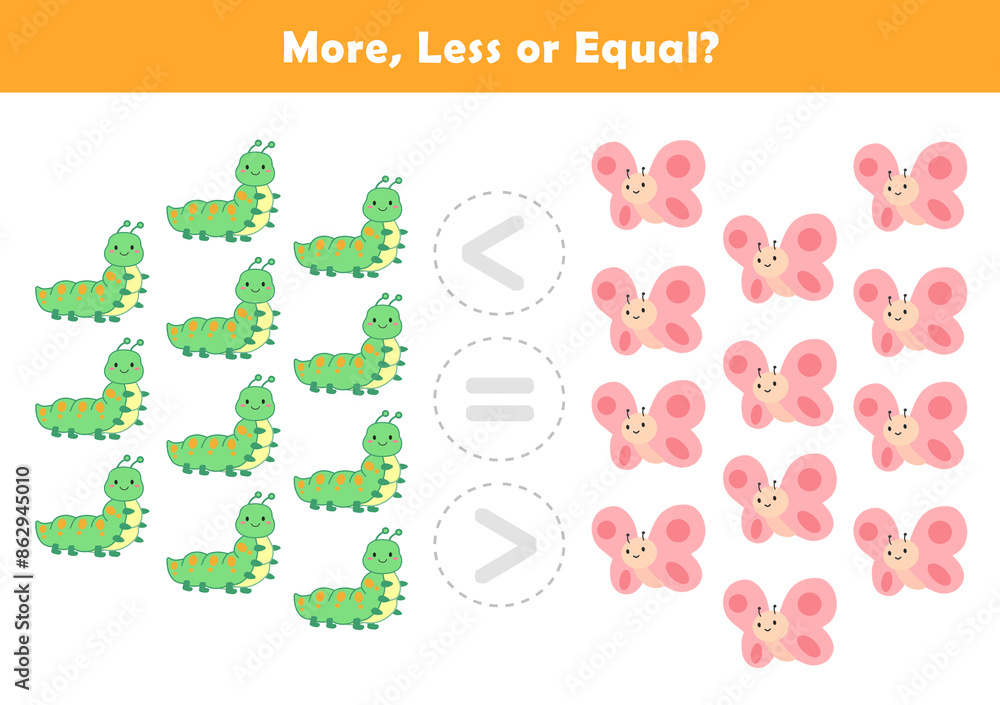 Comparison Worksheet with Cute Cartoon Insect for Kids. Counting Games ...