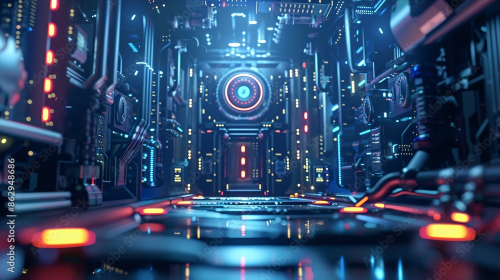 Futuristic Sci-Fi Data Center, High-Tech Server Room with Glowing ...
