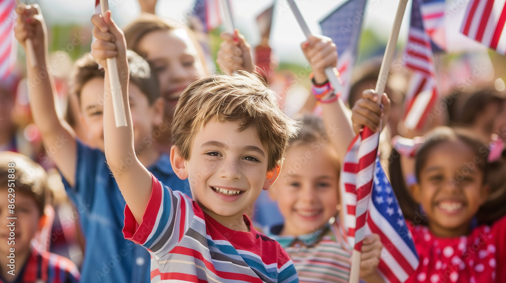 Children waving flags and wearing red, white, and blue in a parade ...