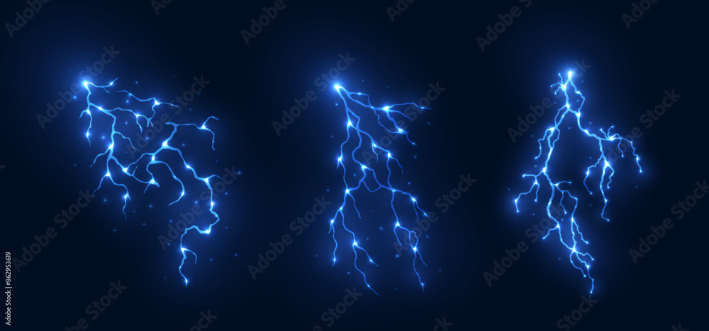 Light blue isolated vector lightning png. Realistic natural neon ...
