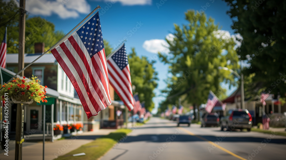 Foto de Row of American flags along a main street in a small town ...