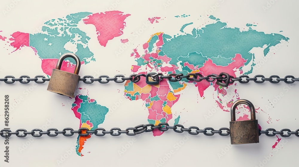World map covered in chains and padlocks symbolizing debt ...