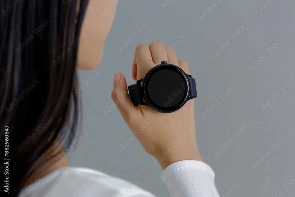 App mockup shoulder view of a adult woman holding an smartwatch with a ...
