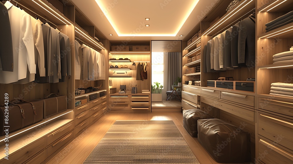 Stylish walk-in closet with clever hidden storage solutions and built ...