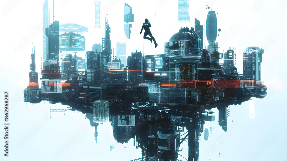 a floating cyberpunk city, with a hacker suspended in mid-air amidst holographic interfaces and ...