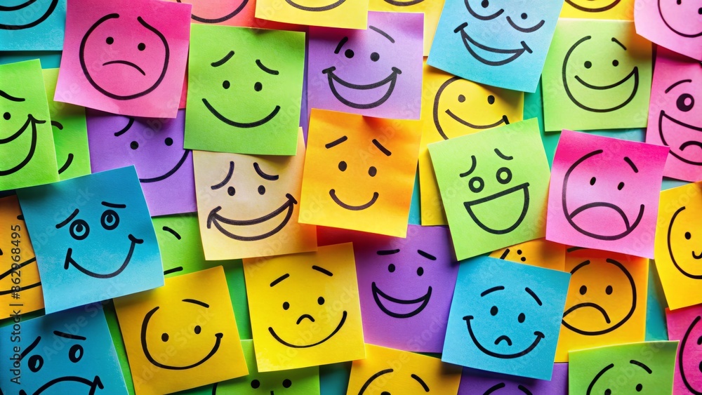 Vibrant sticky notes with varied mood faces and abstract hand-drawn ...