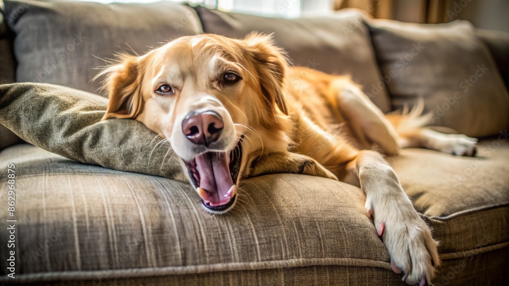 A tired canine stretches across a worn, faded couch cushion, its paw ...