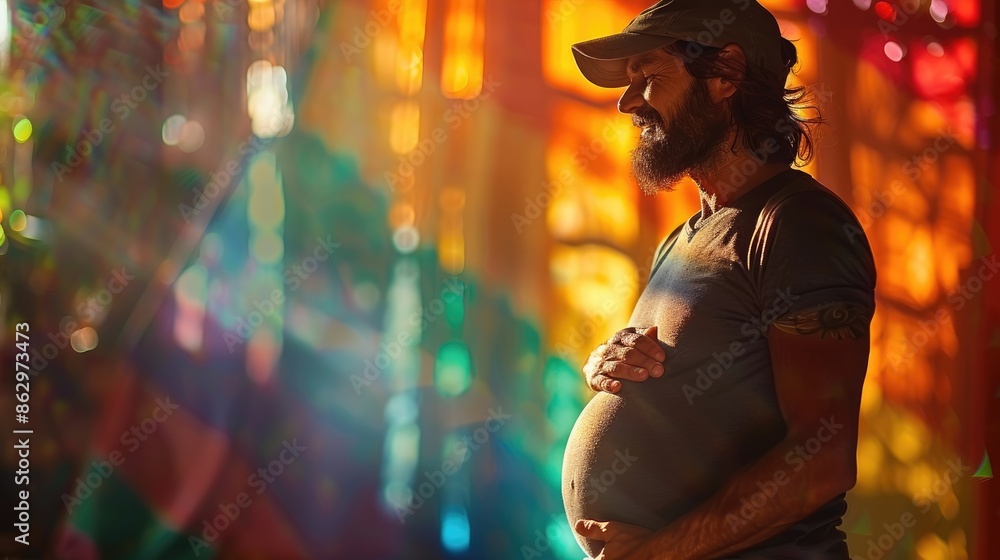 Happy expectant pregnant transgender man cradling stomach at pride month. Smiling candid gay man ...