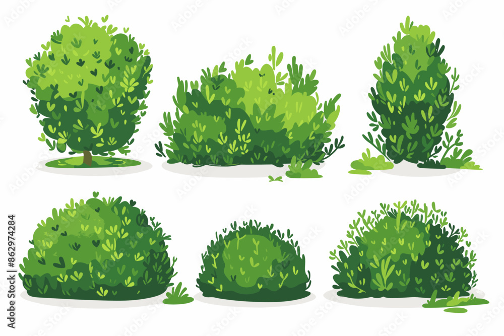 Set of vector bush illustrations on a white background. Green flat ...