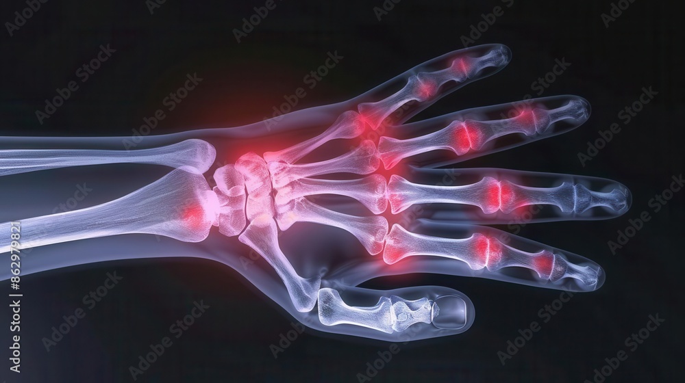X-ray of hand bones with inflamed joints in red, X-ray inflamed hand ...