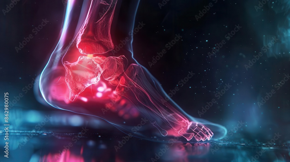 X-ray of ankle bones with inflamed spots in red, sports injury analysis ...