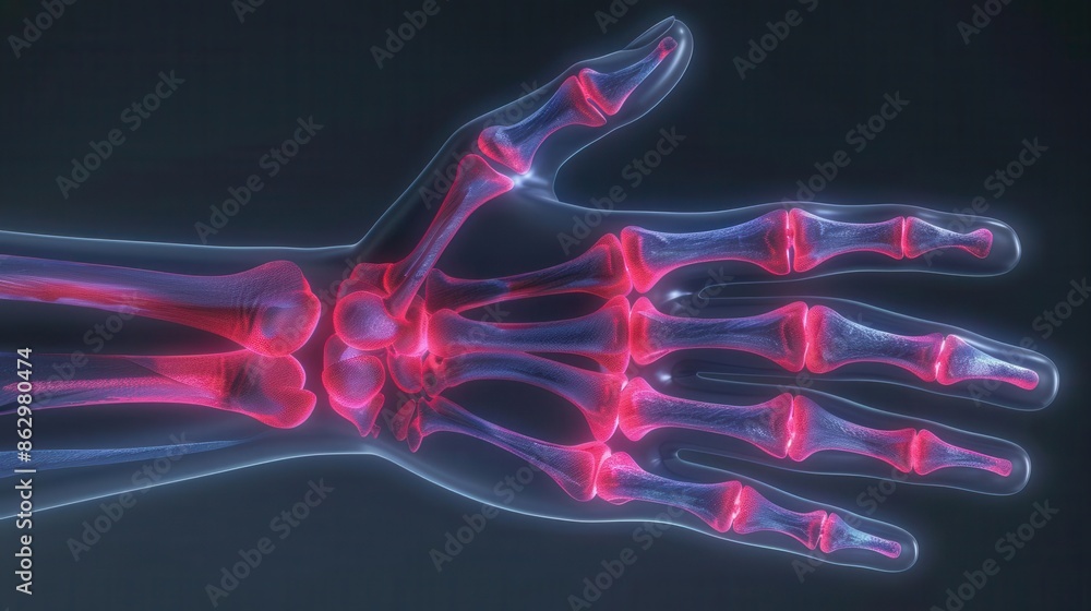 X-ray of hand showing arthritis with inflamed joints in red, X-ray hand ...