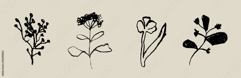 Abstract plants art in charcoal or crayon drawing style. Contemporary ...