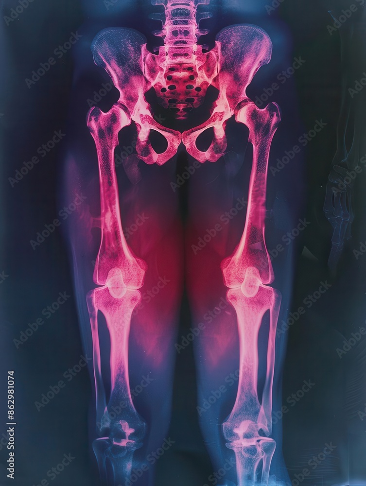 X-ray of pelvis bones with inflamed regions in red, X-ray pelvis bones ...