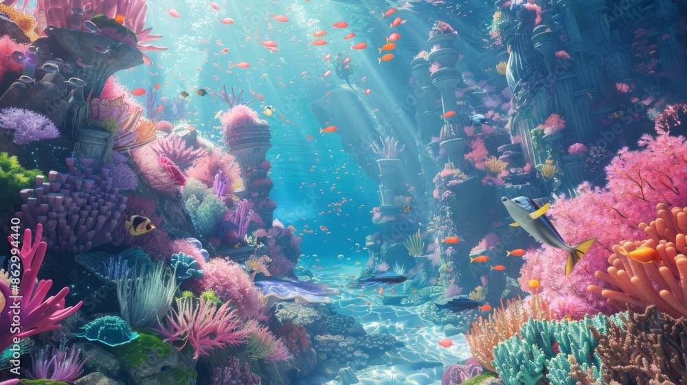 Illustration of An underwater kingdom with talking fish, glittering ...