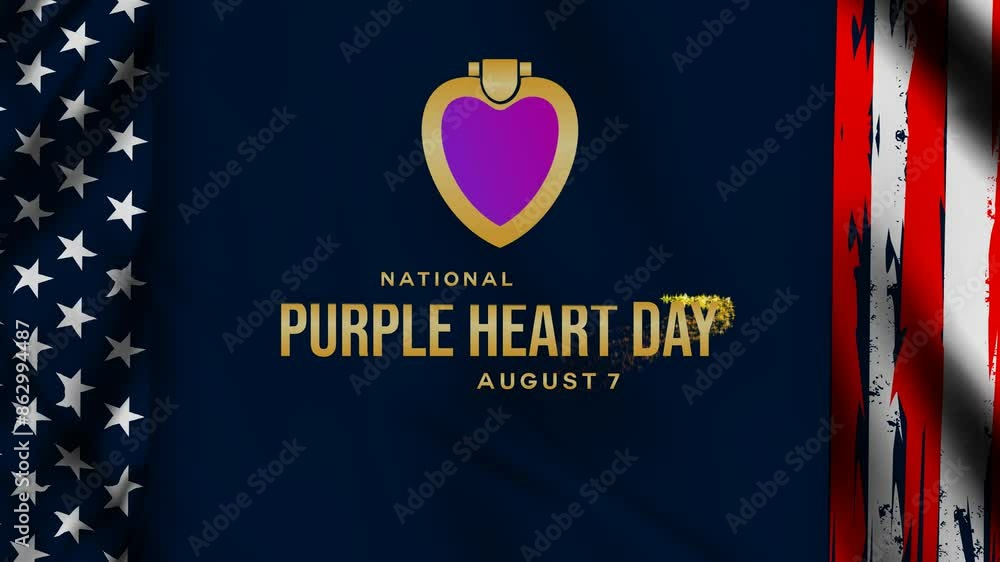 National Purple Heart Day Animation Text on American waving flag ...