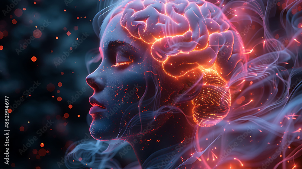 Individual Alzheimer's disease glowing depiction of the brain showing ...