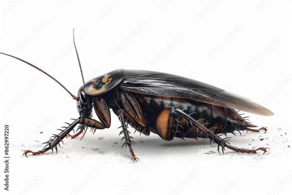 Adult cockroach, life cycle element, realistic illustration, dark tones ...
