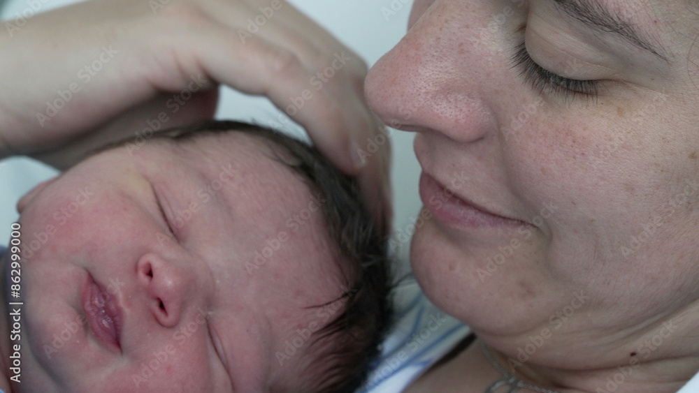 Cute newborn baby close-up face during initial days of life at hospital ...