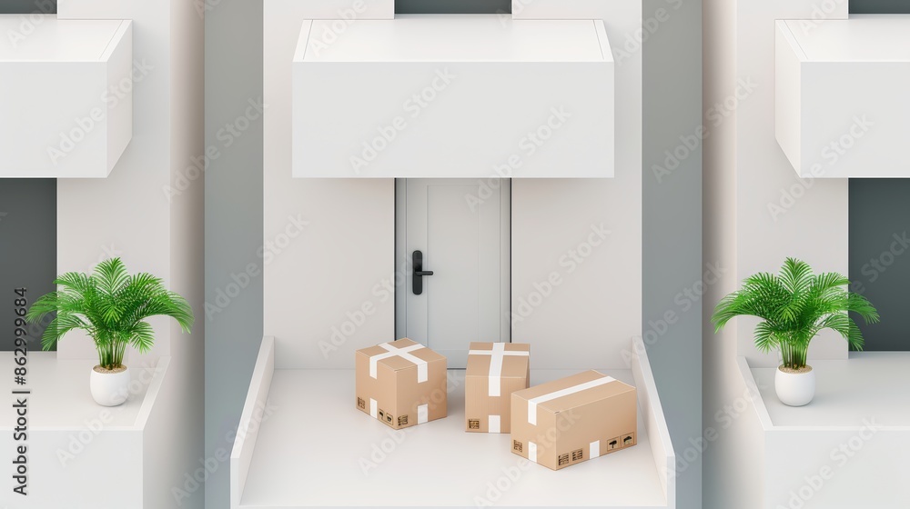 Flat design, pastel-colored cartoon of family relocating, empty rooms ...