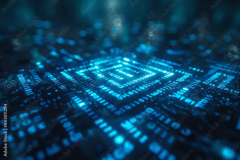 Abstract blue holographic digital code pattern representing AI ...