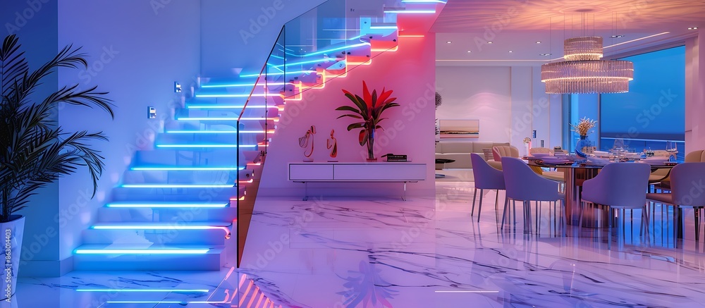 Stylish L-shape floating neon stairs with RGB LED under-tread ...