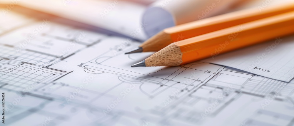 Architect's blueprint with tools, design plans, construction details ...