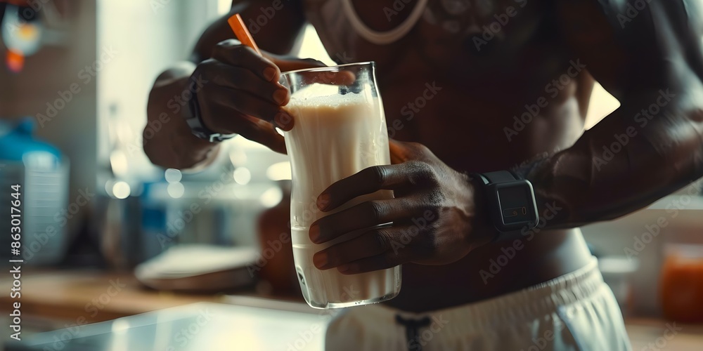 Preparing Protein Shake Before Workout A Man Athlete's Routine. Concept ...