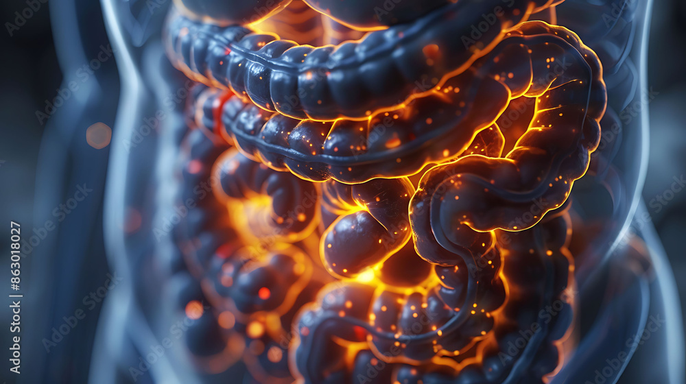 Digestive health visualization Man diverticulitis glowing depiction of ...