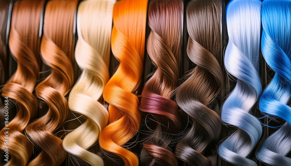 Complete set of locks of all the most used hair color samples, rounded ...