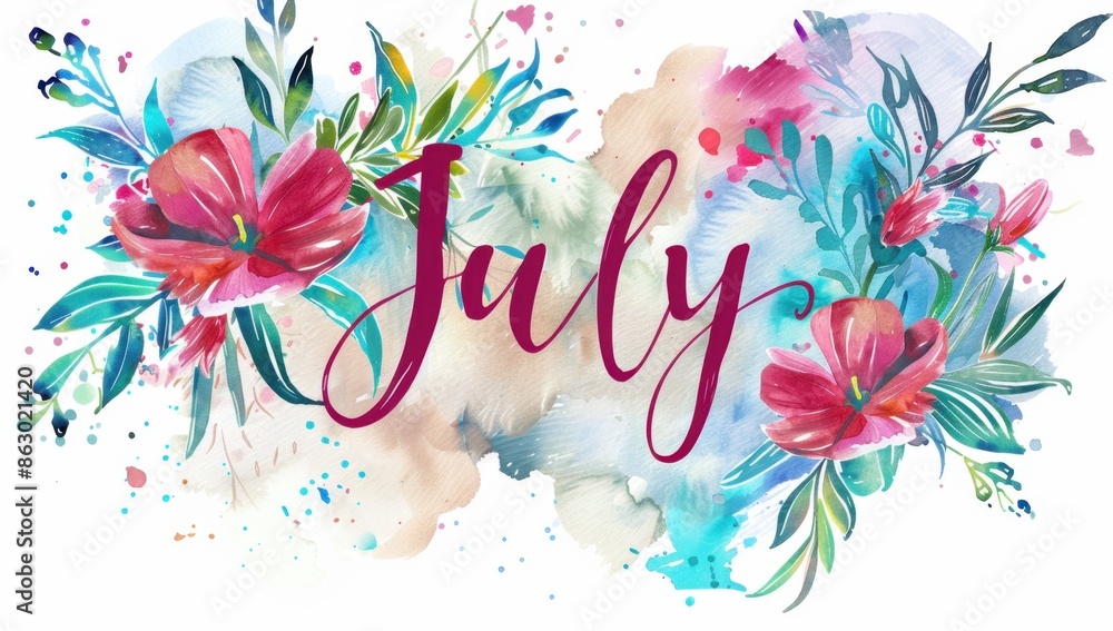 watercolor "July" text, white floral background, clipart Generative AI ...