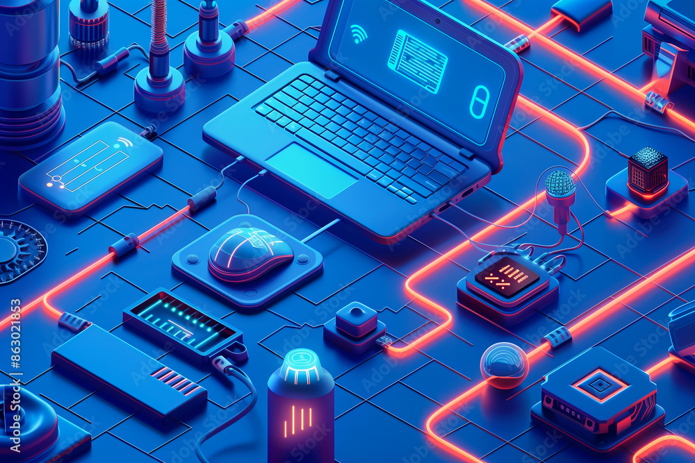 Laptop secure connection with automated communication data. 3D effect ...