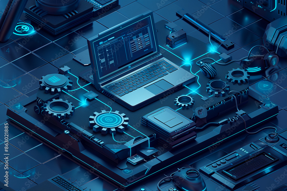 Laptop secure connection with automated communication data gears. 3D ...