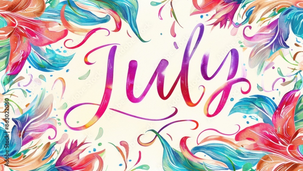 watercolor text "July" in cursive on white background Generative AI ...