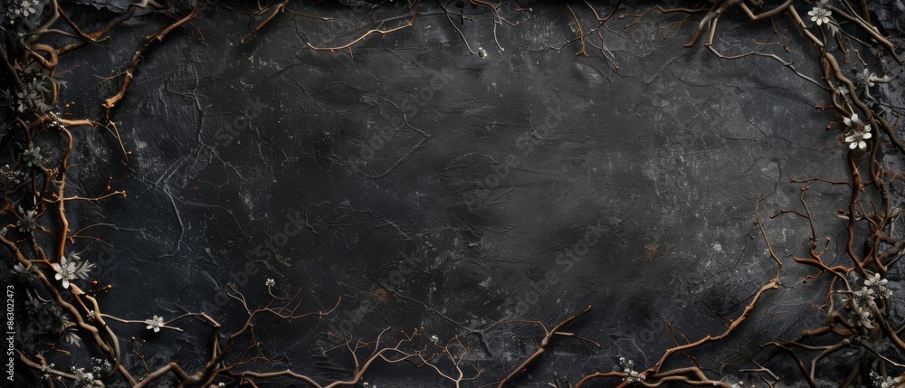 Dark fantasy Gothic backdrop framed with dry branches, thorns, ivy, and ...
