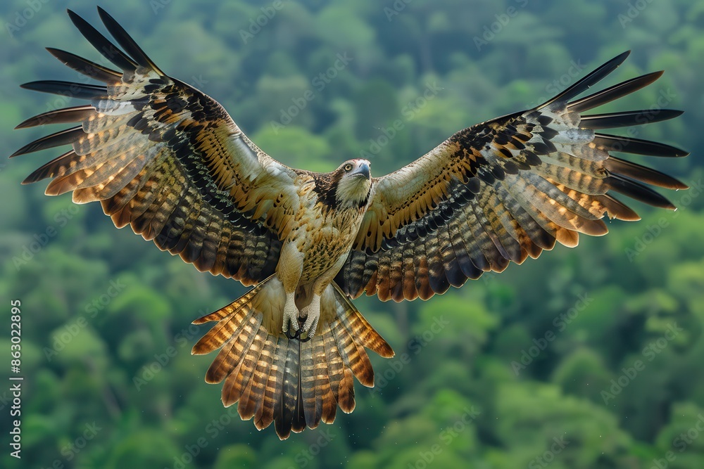 A Philippine eagle soaring high above a lush tropical forest, its ...
