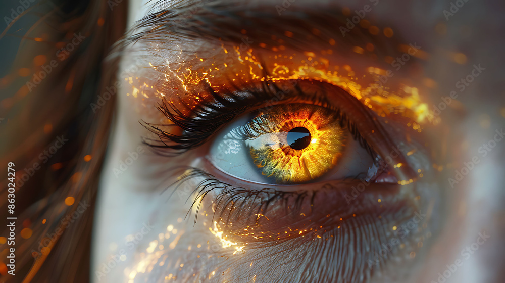 Eye health visualization Woman macular degeneration glowing depiction ...