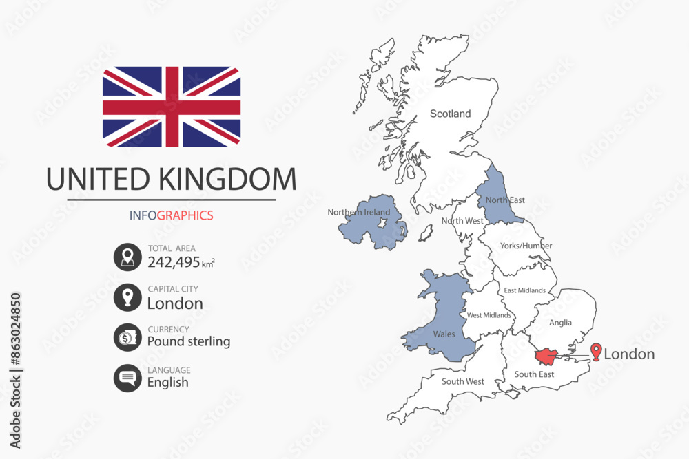 UK map infographic elements with flag of city. Separate of heading is ...