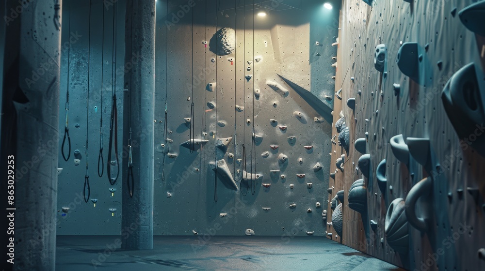 Mystical capture of a deserted indoor climbing wall, the textured ...