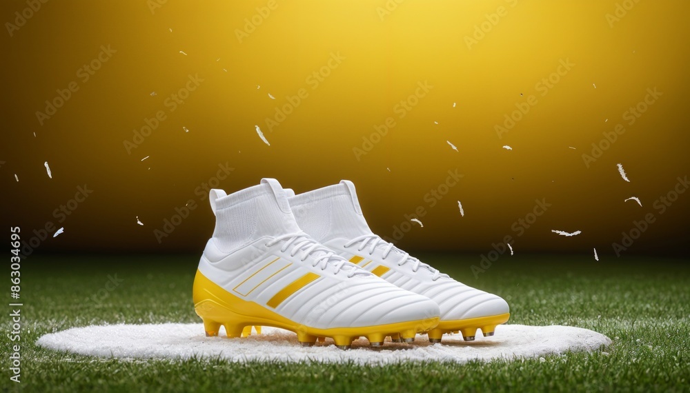 Football boot with yellow stripes on a white background with water ...