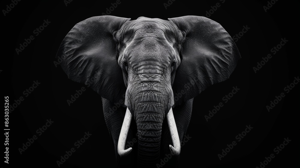 Stunning black and white photograph of a majestic elephant head, front ...