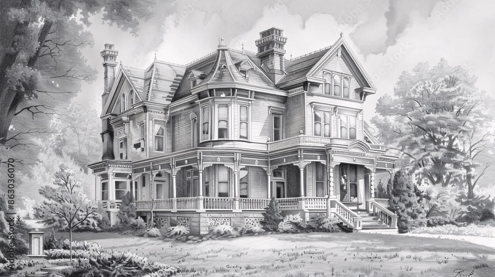 High-resolution black and white pencil sketch of a grand, luxurious ...