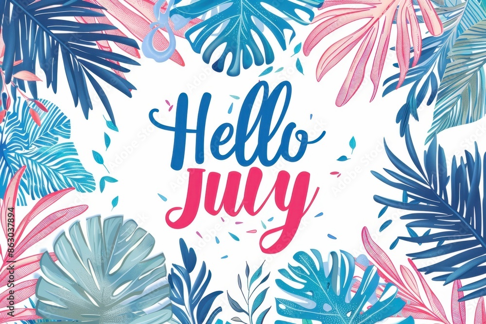 "Hello July" pastel color palette, white background with tropical ...