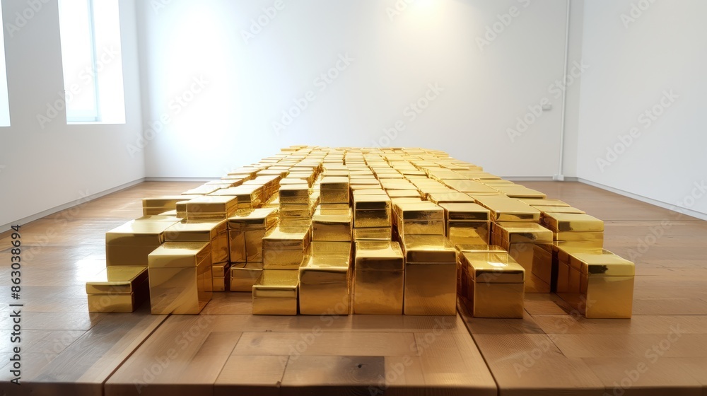 A close up view of stacked gold bars in a table, reflecting light and symbolizing wealth and ...
