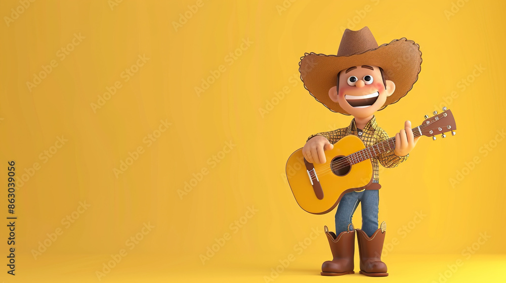 3d Cartoon country singer with a cowboy hat and guitar on isolate ...